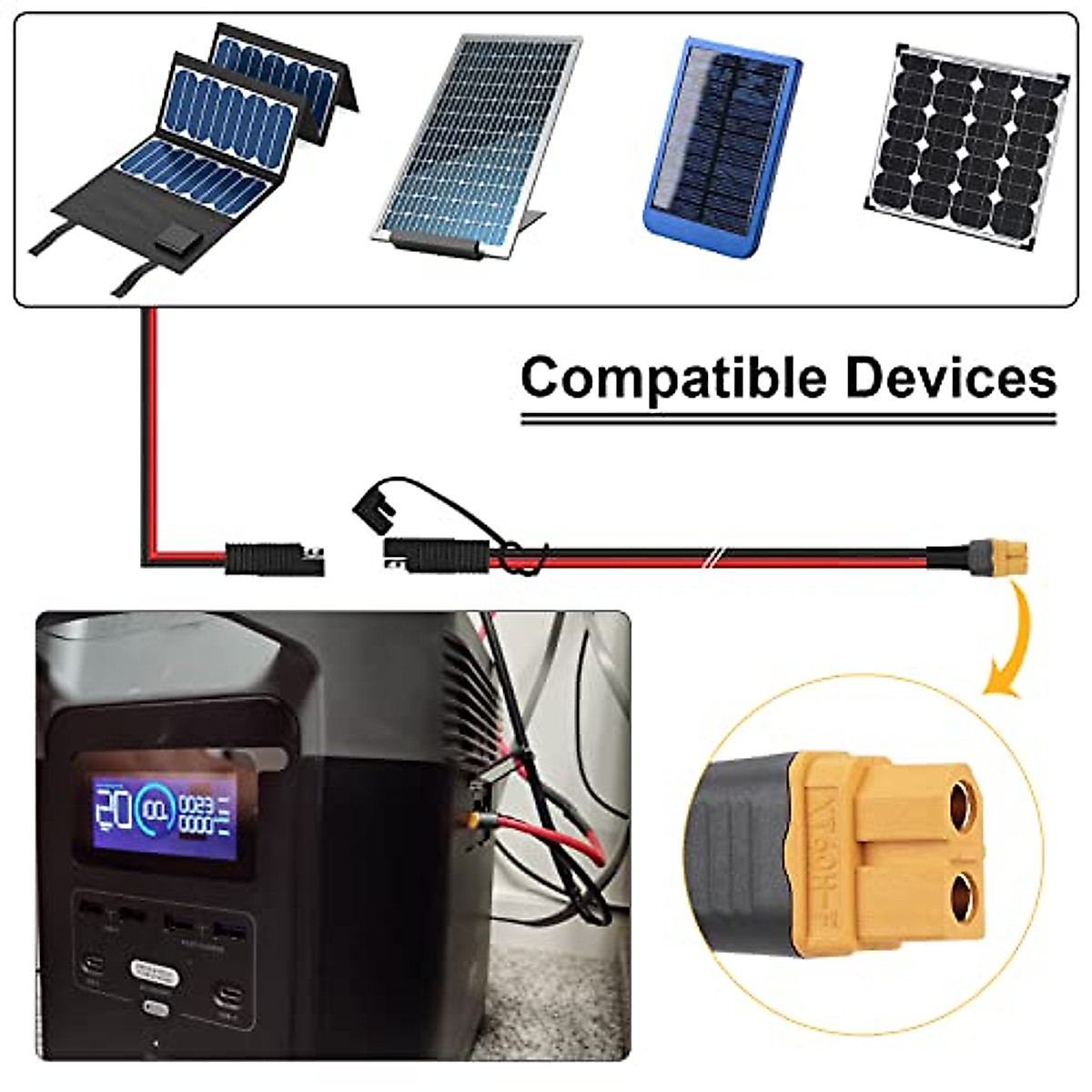iGreely SAE to XT60 Connector Cable Solar Panel Adapter for Portable Power Station Solar Generator Charger 12AWG 6Ft 1.8M