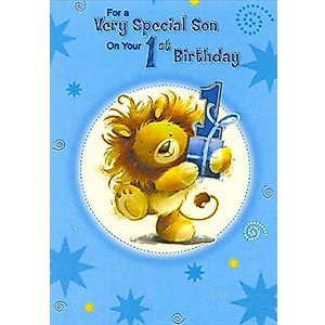 Designer Greetings Cute Lion Holding Blue Present Juvenile 1st / First Birthday Card for Son