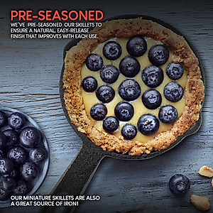 Modern Innovations Mini Black Cast Iron Skillet Set with Silicone Mitt (4 Count) - 3.5 Inch Pans, Pre Seasoned Small Skillets for Baked Cookie/Brownie or Cooked Eggs