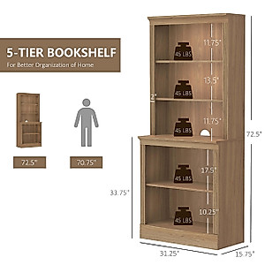 JAHRSTIM Bookshelves and Bookcase Floor Standing 5 Tier Display Shelves Organizer and Storage, 72in Tall Bookshelf for Home Office, Living Room, Bed Room, Kitchen, Oak