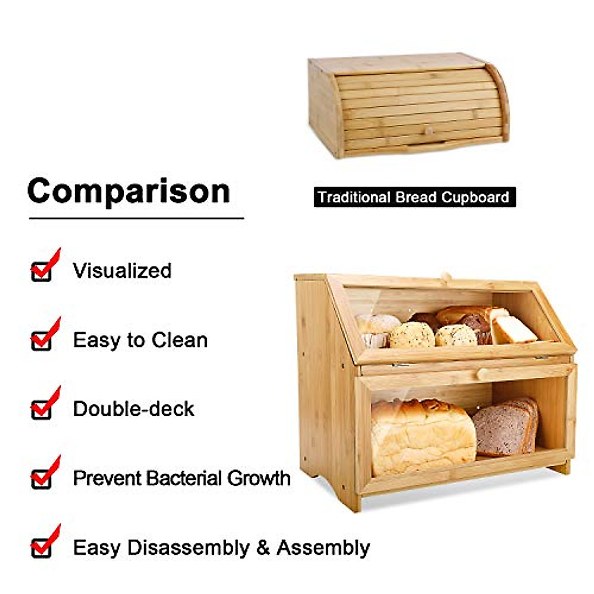 HOMEKOKO Double Layer Large Bread Box for Kitchen Counter, Wooden Large Capacity Bread Storage Bin (Natural Bamboo)