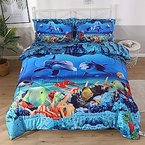 Qucover Dolphin Comforter Set Twin Size 3-Piece Blue Ocean Sea Animall Tropical Fish Comforter Set with 2 Pillowcases for Teen Boys, Twin 59x79 Inches