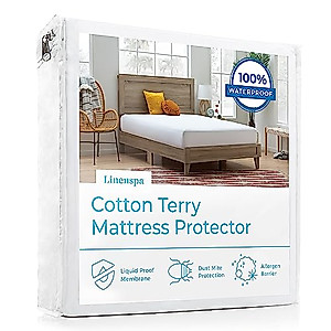 Linenspa Cotton Terry Waterproof Mattress Protector - Top Protection - Queen Mattress Protector,White