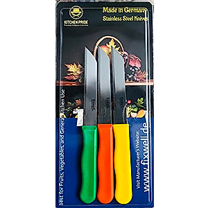 fixwell MADE IN GERMANY STAINLESS STEEL KNIVES -PACK OF 3 KNIVES (ORANGE, YELLOW, GREEN) -3.5" SHARP SERRATED BLADE -IDEAL FOR KITCHEN AND GENERAL USE, BREADS, SANDWICHES, AND PRECISION FOOD CUTTING