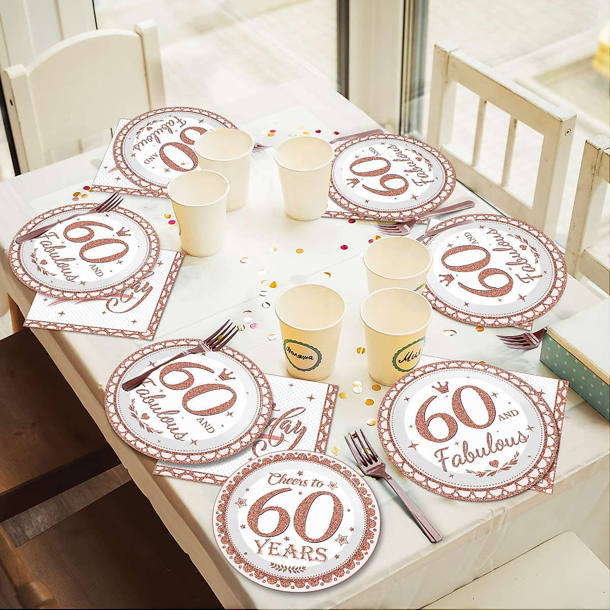 Wiooffen 60th Birthday Decorations for Woman 60th Birthday Paper Plates Napkins Cheers to 60 years Plates 60th Birthday Party Supplies for Women Rose Gold 60th Birthday Decorations Pink Party Supplies