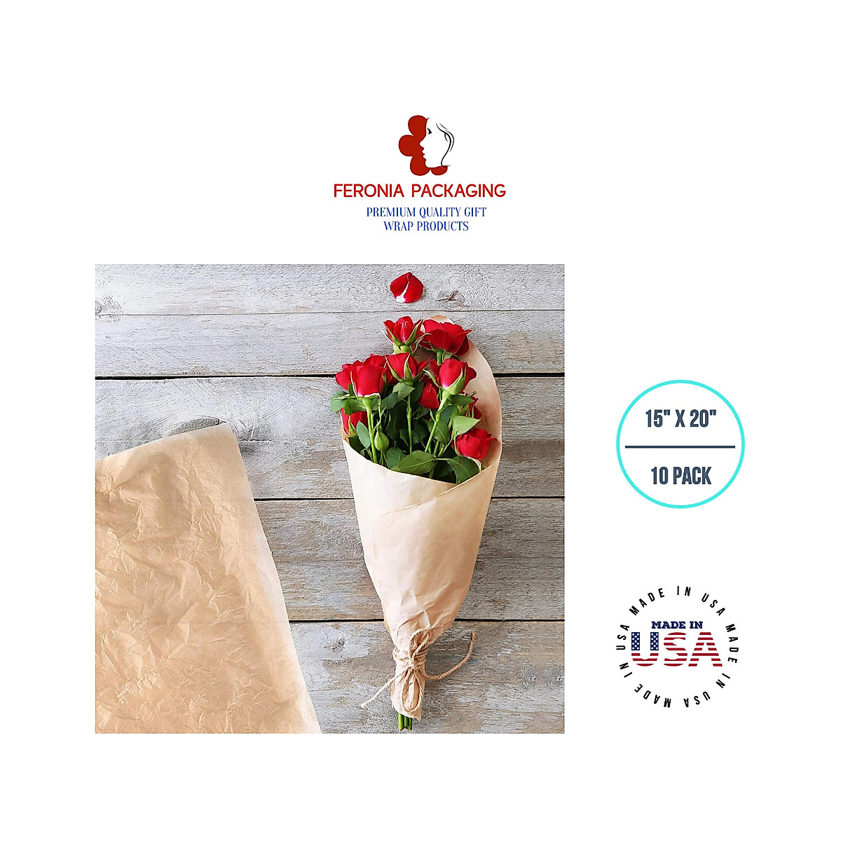 Gift Wrap Tissue Paper 10 Sheets, Premium Gift Wrap and Art Supplies for Birthdays, Holidays, or Presents by Feronia packaging, Large 15 Inch x 20 Inch Made in USA (Solid Kraft)