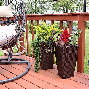 Sunnydaze Tall Square Polyrattan Indoor/Outdoor Planter - 20-Inches Tall - Set of 2 - Brown