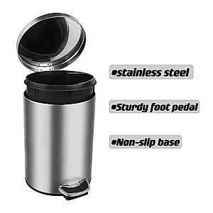 8 L /2.1 Gallon Round Trash Can with Step Pedal, Kitchen Trash Bin with Lid Dual Removable Liners Stainless Steel Garbage Can for Office Bathroom (Silver)