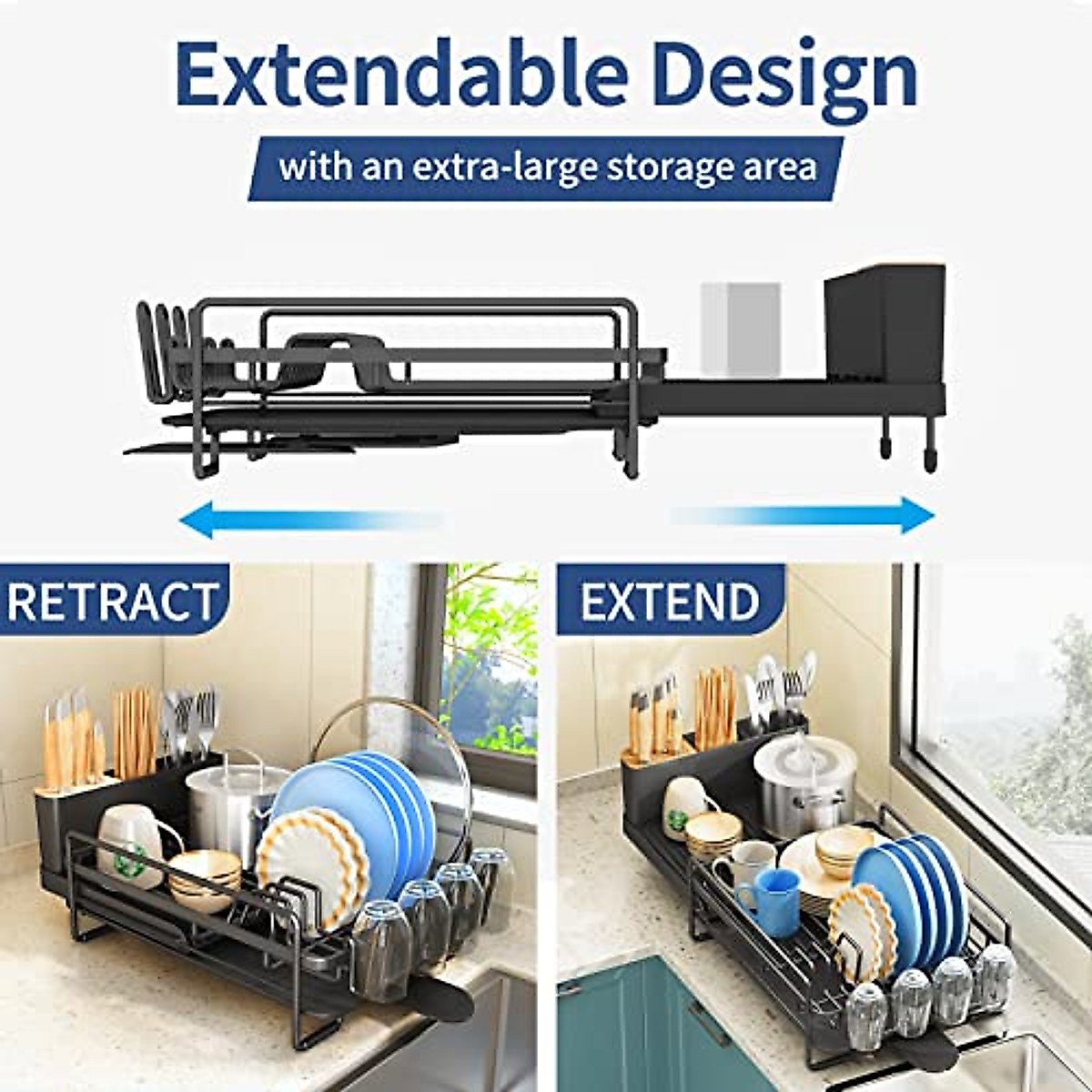 HERJOY Dish Drying Rack for Kitchen Counter, Large Dish Rack Expandable Black Drying Dish Drainers Rack, Anti-Rust Drying Rack with Drainboard and Cup Holders Rack Organizer
