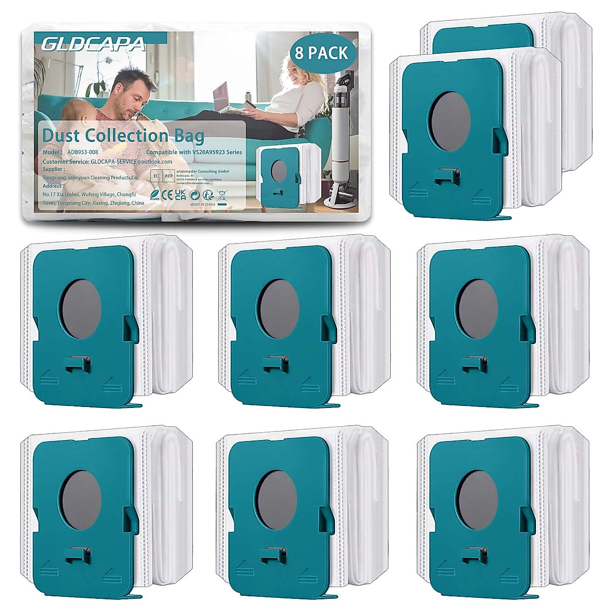 8 Pack VCA-ADB953 Dust Bag for Samsung BESPOKE Jet Cordless Stick Vacuum Cleaner, GLDCAPA 2.5L Large Capacity Automatic Dust Collection Bag for All In One Clean Station