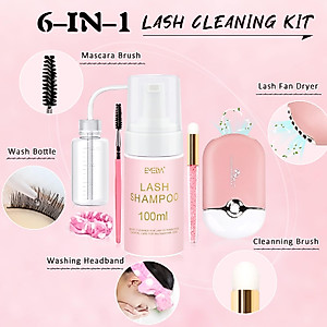 EMEDA Lash Shampoo for Extensions Cleaning Bath Kit for Cluster Lashes, Fan Brush Wash Bottle Hair Band, Oil Free Foam Soap Cleaner, Eyelash Cleanser