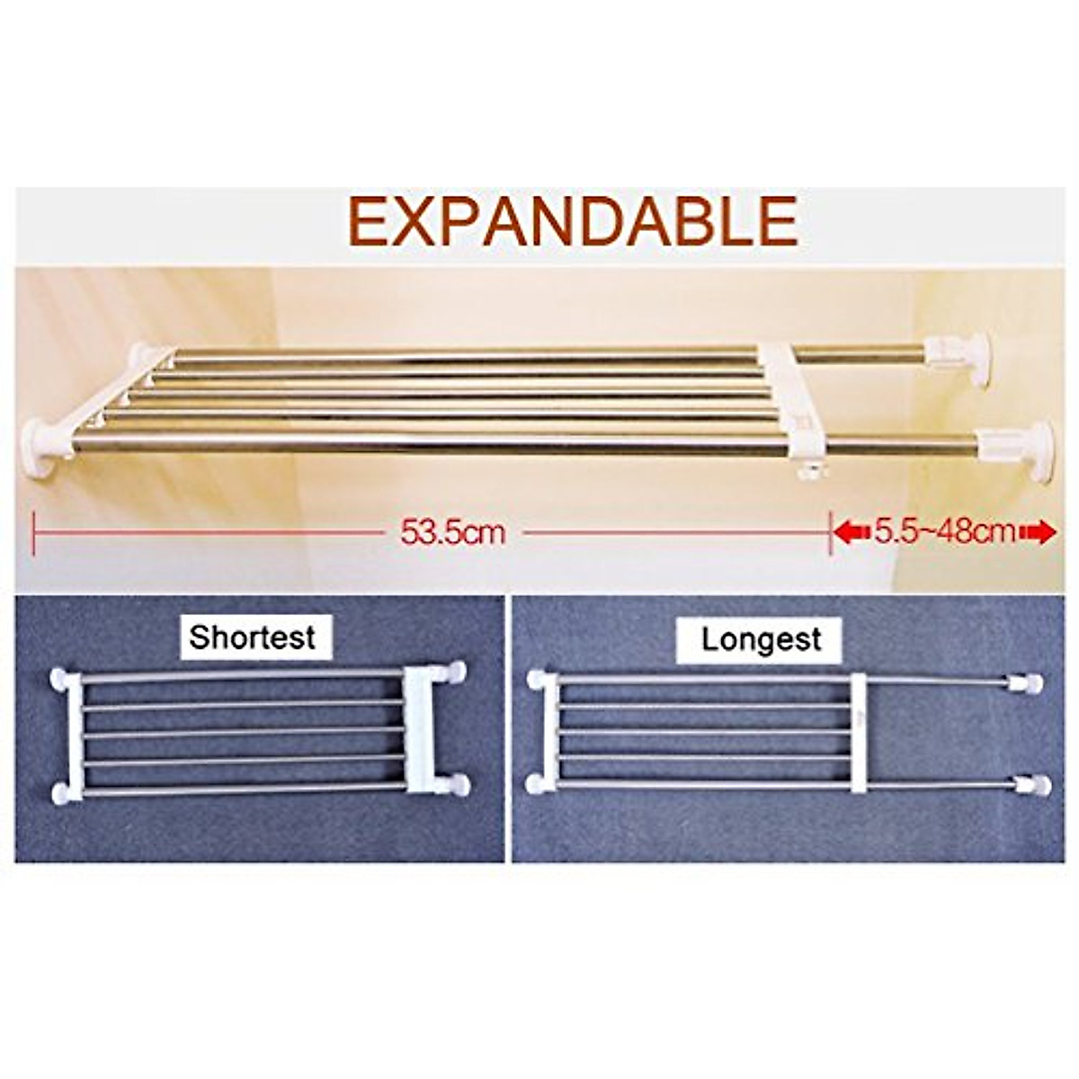 BAOYOUNI Tension Rod Shelf Expandable Closet Organizer Heavy Duty Adjustable Clothes Hanger Rack DIY Space Saver Layered Separator Divider 27.17''-36.02'', Ivory