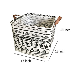 3 Pieces 13 Inch Square Storage Bin, Fabric Folding Storage Baskets with Handles, Arrow Tribe Pattern Storage Organizer for kid's Toy & Baby Clothing - Laundry Basket/Nursery Hamper (3Black Cactus)