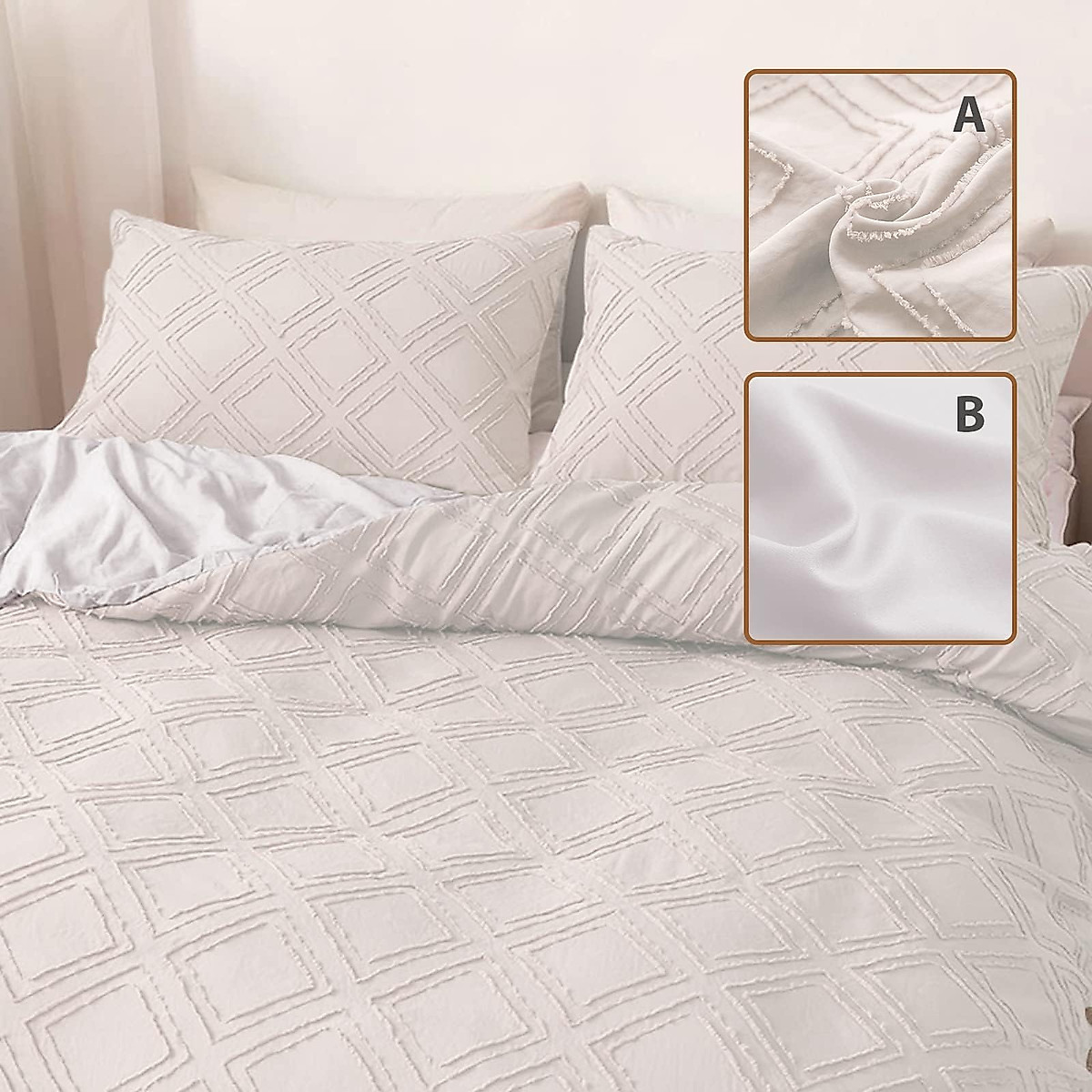 MUXHOMO Duvet Cover Queen Size - Beige Tufted Duvet Cover Set, Ultra Soft Boho Texture Bedding Set of 3 Pieces (1 Comforter Cover + 2 Pillowcases) with Double-Zipper Closure
