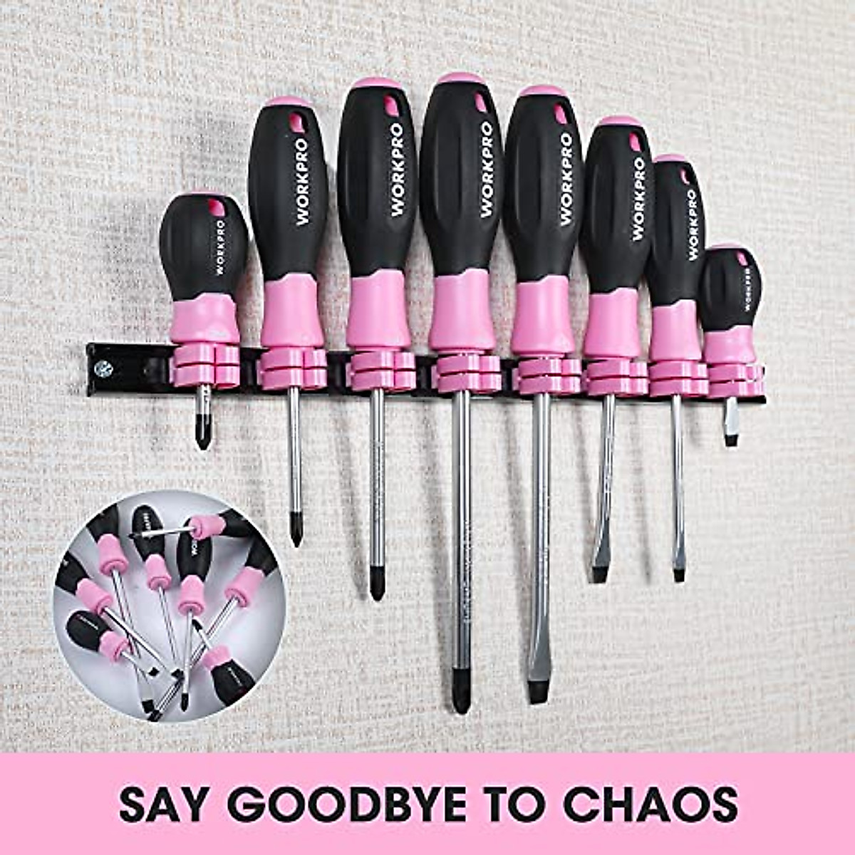 WORKPRO Magnetic Screwdrivers Set, 8-piece Pink Hand tools for Womens, Includes Philips, Flathead, Slotted, Stubby Screwdrivers with Organizer Rack - Pink Ribbon