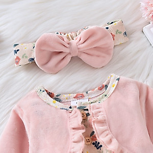 Sasaerucure Infant Newborn Baby Girls Fall Winter Corduroy Dress Long Sleeve Romper Ruffle Floral Bodysuit Fluffy Cardigan Set (Pink, 0-3 Months)