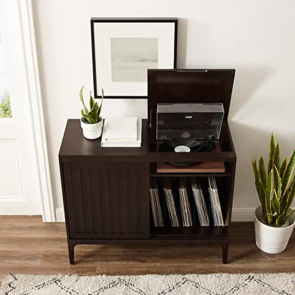 Crosley Furniture Asher Media Console and Record Player Stand with Storage for Vinyl Records, Dark Brown