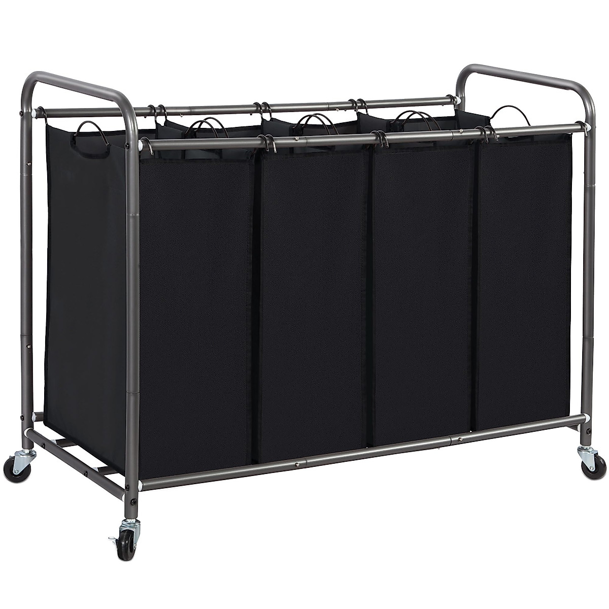 STORAGE MANIAC Laundry Sorter 4 Section, Hamper with Wheels and Removable Bags, Black