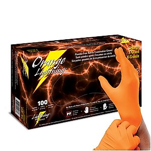 Atlantic Safety Products Orange Lightning Exam Gloves, Disposable, Powder-Free Nitrile Gloves, Orange, Extra Large, 100-Ct