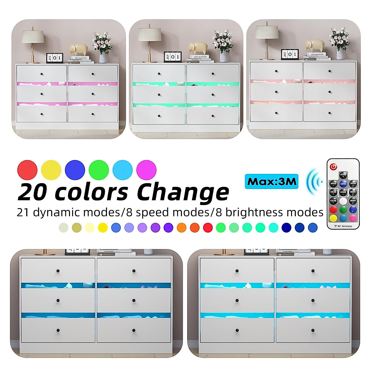 SDMY 6 Drawer Double Dresser, White Bedroom Dresser with LED Light, Baby Dresser for Nursery, Modern Wood Dresser Chest of Drawers for Living Room, Hallway