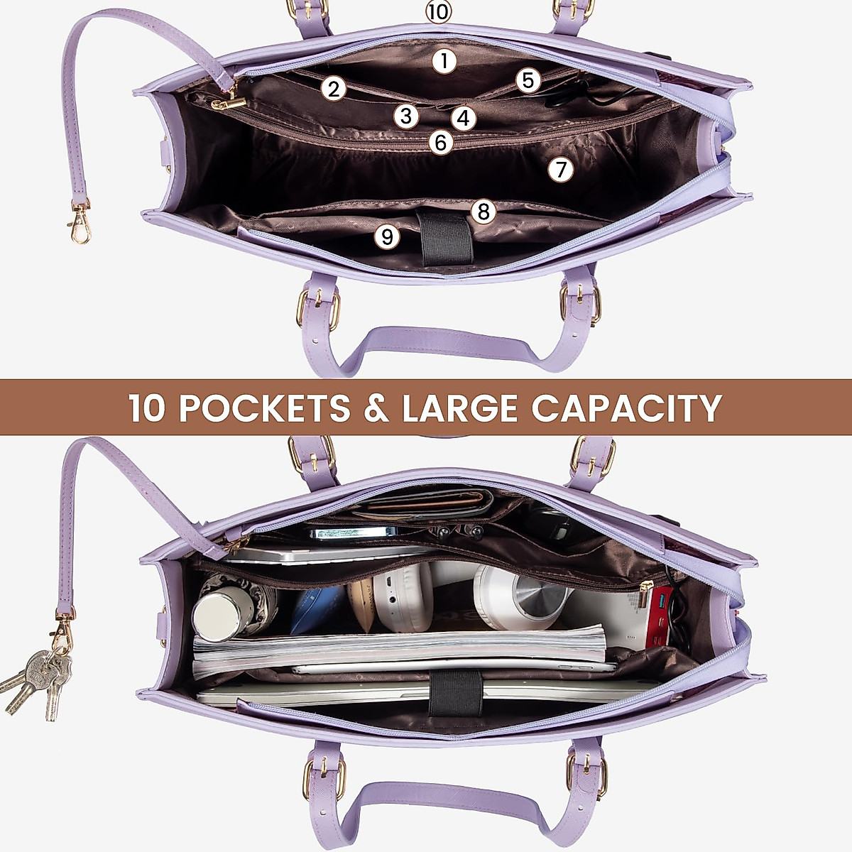 LOVEVOOK Laptop Bag for Women, Fashion Works Computer Tote Bag, 15.6-Inch Large Capacity Shoulder Bag Set with Clutch Purse, Professional Business Briefcase for Office Lady, 2PCs, Light Purple