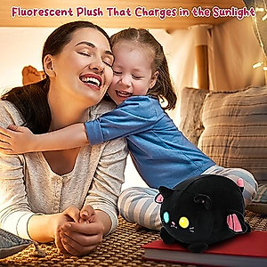 Black Cat Plush Pillow with Luminous Eyes, 10in Stuffed Animals Cute Black Kitten, Strip Soft Plushies Hugging Plush Squishy Pillow Toy Gifts for Kids Birthday Party Bedding Sleeping