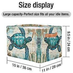 Sea Turtle Retro Map Storage Basket Bin Nautical Ocean Starfish Large Fabric Toys Storage Cube Box with Handles Collapsible Closet Shelf Cloth Organizer Basket for Nursery Bedroom Gift