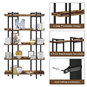 Rolanstar Bookshelf 5-Tier, 71.8’’H Industrial Book Shelf, Large Bookcases and Bookshelves with Open Shelves, Open Display Shelves with Metal Frame for Living Room Bedroom Home Office, Rustic Brown