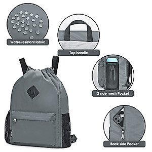 WANDF Drawstring Backpack Sports Gym Bag with Shoes Compartment, Water-Resistant String Backpack Cinch for Women Men(Large,Grey)