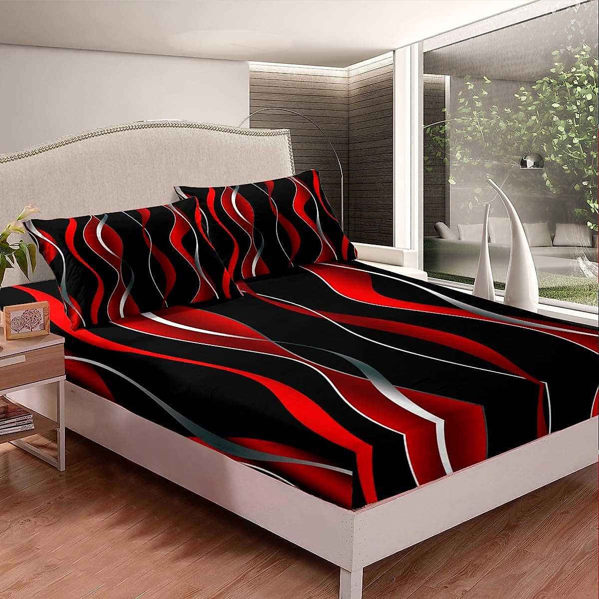 Red Grey and Black Stripe Sheets with Deep Pocket Fitted Sheet Full Size, Retro Stripe Swirl Bed Sheets Set Geometric Pastel Gradient Stripes Sheet Set for Toddler Geometry Swirl Lines Bedding Set