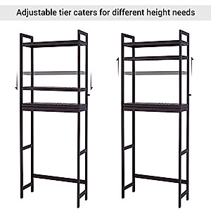 Ohuhu Over The Toilet Storage Shelf, Bamboo 3-Tier Over Toilet Bathroom Organizer Space Saver Stand Rack, Adjustable Shelves Above Toilet with Paper Holder and 3 Hooks for Restroom Laundry, Brown