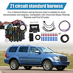 Universal 21 Circuit Wiring Harness Kit, 21 Circuit Wiring Harness Kit, 21 Circuit Universal Wiring Harness Kit Extra Long Wire Standard Color 17 Fuses for GM Chevy Chrysler Ford Mopar Hotrods Ratrods