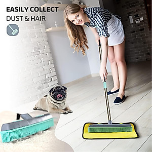 Conliwell Rubber Broom Carpet Rake for Pet Hair, Fur Remover Broom with Squeegee, Portable Detailing Lint Remover Brush (Stainless Steel Handle)