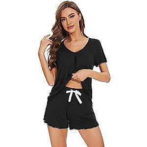 WiWi Bamboo Viscose Pajamas for Women Soft Summer Pajama Short Sets Ruffle Seams Sleepwear Comfy Pleated Pj Set S-XXL, Black, X-Large