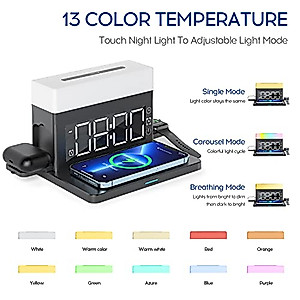 SMSASOEO Wireless Charger,6 in 1 Wireless Charging Station with Digital Alarm Clock & Night Light,15W Fast Charger Compatible with iPhone 14/13/12/11/XS Samsung Galaxy AirPods & Apple Watch