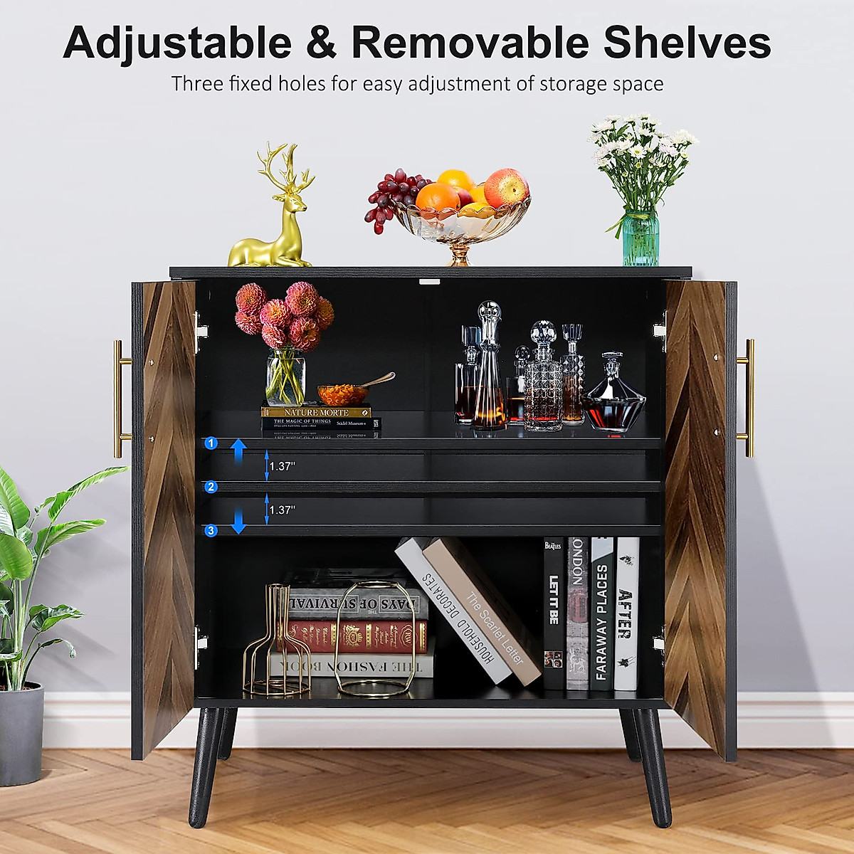 AMZOOM Accent Cabinet, Black Storage Cabinet with Doors Mid Century Modern Sideboard Buffet Cabinet with Storage Shelves Small Wood Accent Cabinets for Living Room Entryway Office, Brown Herringbone