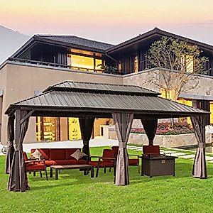 Domi Outdoor Living 12’ X 20’ Hardtop Gazebo Canopy with Netting & Curtains, Outdoor Aluminum Gazebo with Galvanized Steel Double Roof for Patio Lawn and Garden, Gray