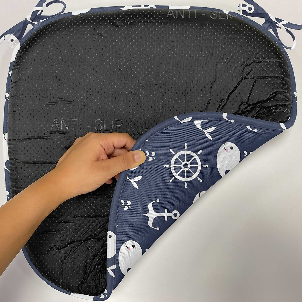 Ambesonne Navy Blue Chair Seating Cushion, Maritime Pattern with Whales Helms Anchors Nautical Elements Deep Sea Life, Anti-Slip Seat Padding for Kitchen & Patio, 16"x16", Navy Blue White