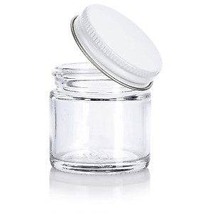 JUVITUS 1 oz / 30 ml Clear Thick Glass Straight Sided Jar with White Metal Airtight Lid (12 Pack)