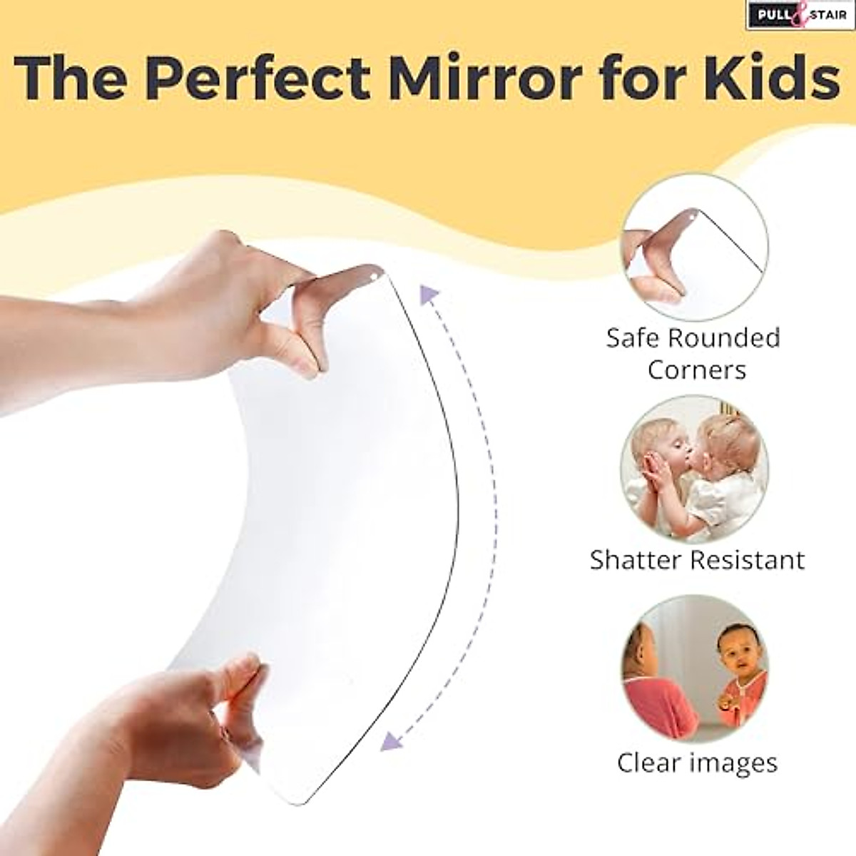 Pull and Stair Unbreakable Kids Wall Mirror - Heavy Duty Plexiglass Acrylic, Rounded Corners, Hardware Included - 2 pcs Set