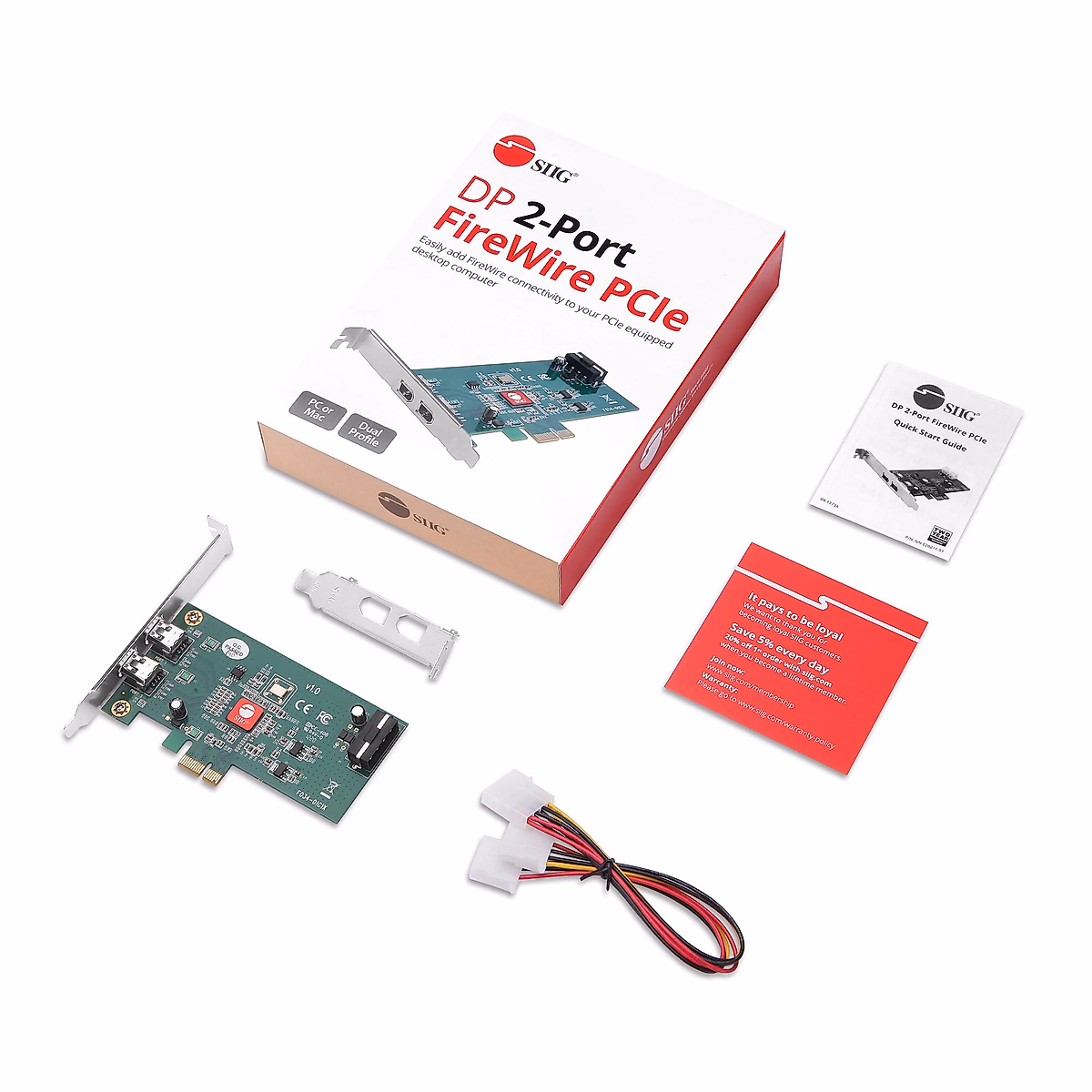 SIIG Dual Profile 2-Port FireWire 400 PCIe Card, PCIe 1.1 x1 to Dual 6-pin 1394a Port, 400Mbps, TI XIO2213BZAY Chipset, for Windows & Mac, Dual-Profile Brackets (NN-E20211-S1)
