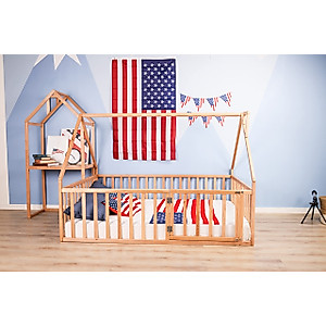 BUSYWOOD House Wooden Playpen - Montessori Floor Bed with Safe Gate - Toddler Bed - Floor Bed - Frame with Fence and Door - Toddler Bedroom Furniture - Full, Twin, Queen, King size (Model 6)