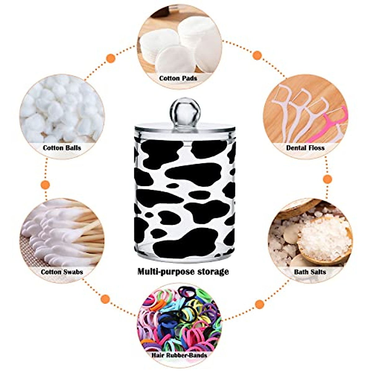 WELLDAY Apothecary Jars Bathroom Storage Organizer with Lid - 14 oz Qtip Holder Storage Canister, Black & White Cow Print Clear Plastic Jar for Cotton Swab, Cotton Ball, Floss Picks, Makeup Sponges,Ha