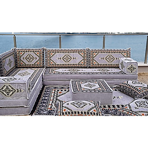Gray L Shaped Arabic Sofa Set, Floor Couch, Sectional Sofas, Arabic Majlis, Turkish Rug, Couch Covers for 3, Sofa Bed, Poufs (L Sofa + Rug + Poufs)