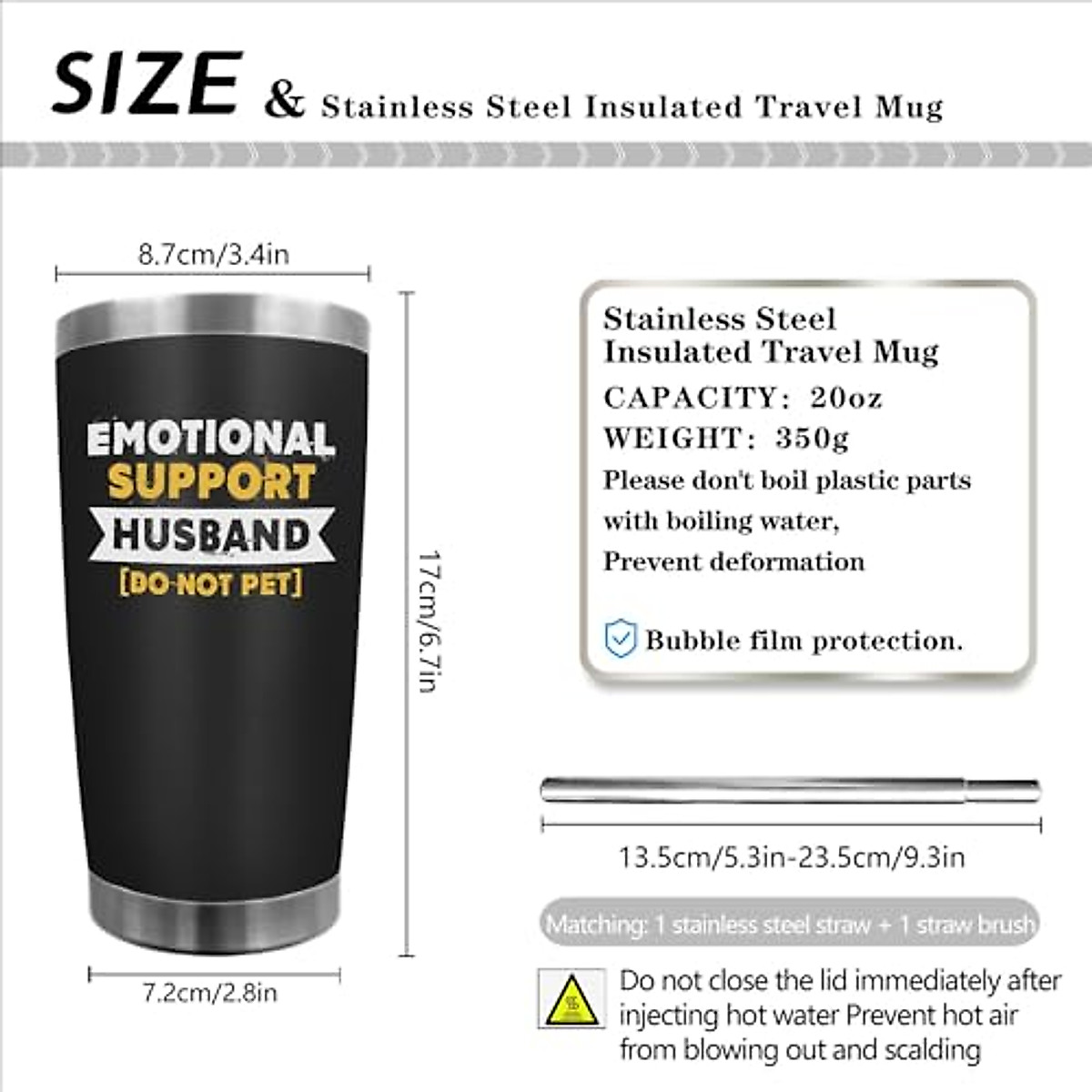 liabiliies Emotional Support Husband Do Not Pet Tumbler Coffee Tumblers 20 oz Tumbler with Lid and Straw Insulated Tumblers Stainless Steel Tumbler