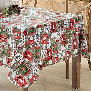 Newbridge Jolly Holiday Candy Cane Print Flannel Back Vinyl Christmas Tablecloth - Happy Holidays Grey, Red and Green Xmas Wipe Clean Easy Care Tablecloth, 60” x 120” Oblong/Rectangle