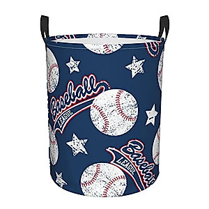 Baseball Laundry Hamper Collapsible Laundry Baskets with Handles Dirty Foldable Clothes Basket Easy Carry Laundry Bag Round Storage Basket for Bedroom Toy Blue