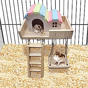 Hamster Platform with Ladder,Wooden House Hut Hideout Swing Rat Playground Activity Set with Climbing Ladders Play Toys for Mouse,Gerbil, Small Animals
