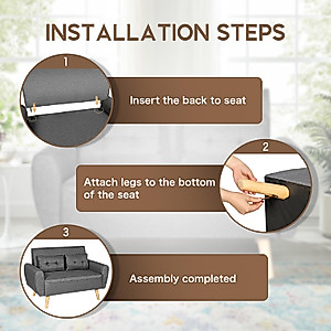 Oakmont 44" Small Modern Linen Fabric Loveseat Sofa, Comfortable and Stylish Love Seat with 2 Pillows and Thick Cushion, Durable Wood Leg Couch for Small Space, Living Room, Bedroom, Apartment (Grey)