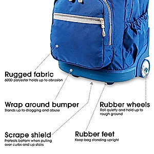 J World New York Sunrise Kids Rolling Backpack for Girls Boys Teen. Roller Bookbag with Wheels, Indigo, 18"